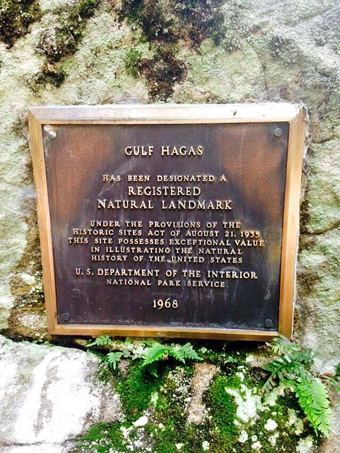 A historical plaque commemorates Gulf Hagas' designation as a National Natural Landmark in 1968, recognizing its exceptional geological significance.