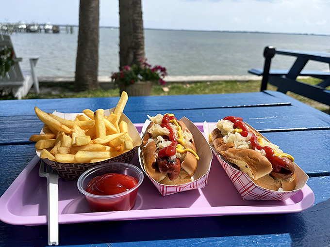 Kraut Dogs: The classic New York-style experience transported to Florida's shores &ndash; snappy dogs topped with tangy kraut, ready for their waterfront close-up.