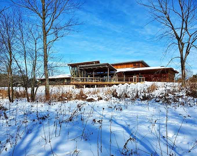 Visitor Center: Perched majestically above a snow-covered landscape, this wooden lodge serves as basecamp for llama adventures throughout Wisconsin's changing seasons.