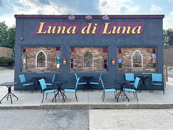 Simple metal tables offer al fresco dining when Minnesota weather cooperates &ndash; which is approximately 17 days per year.