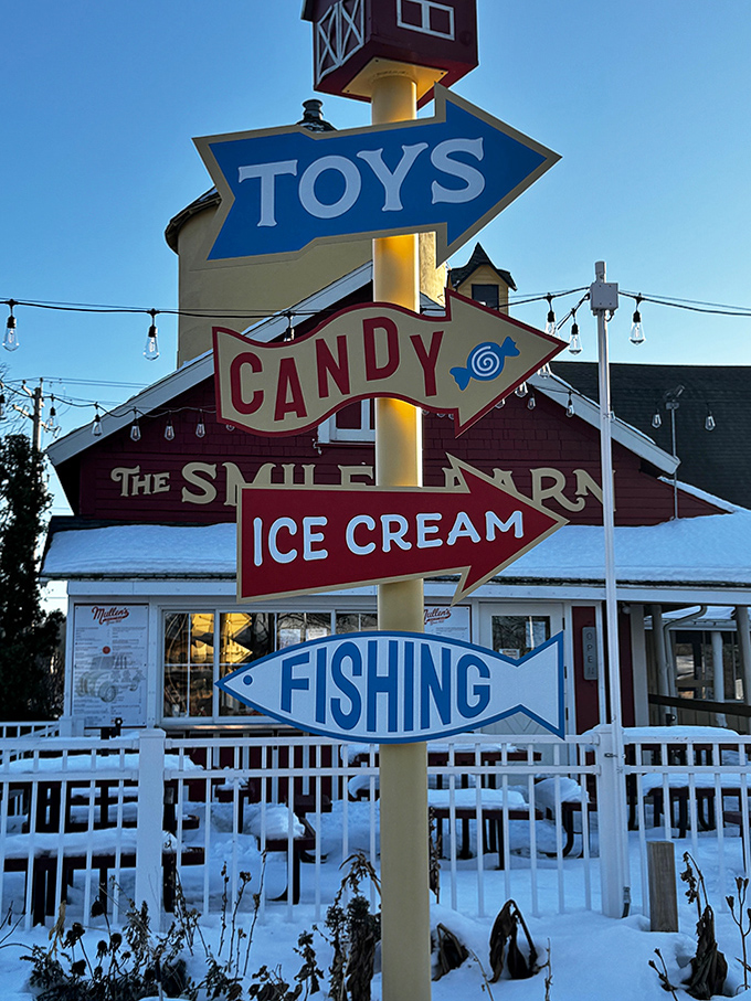 Outdoor Store Signage: Winter can't dim the cheerful glow of these directional arrows, pointing the way to indoor adventures on snowy Wisconsin days.