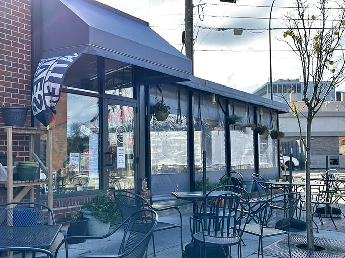 When Michigan weather cooperates, the outdoor seating area becomes prime real estate for people-watching while enjoying innovative plant-based cuisine.