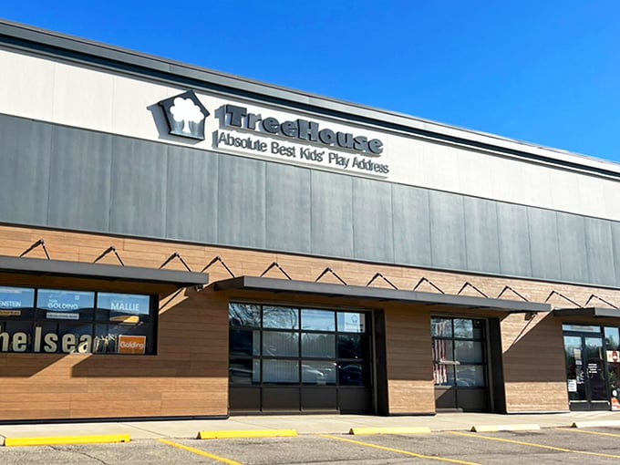 The TreeHouse exterior welcomes families with its simple promise: "Absolute Best Kids' Play Address" – a bold claim backed by countless happy visitors.