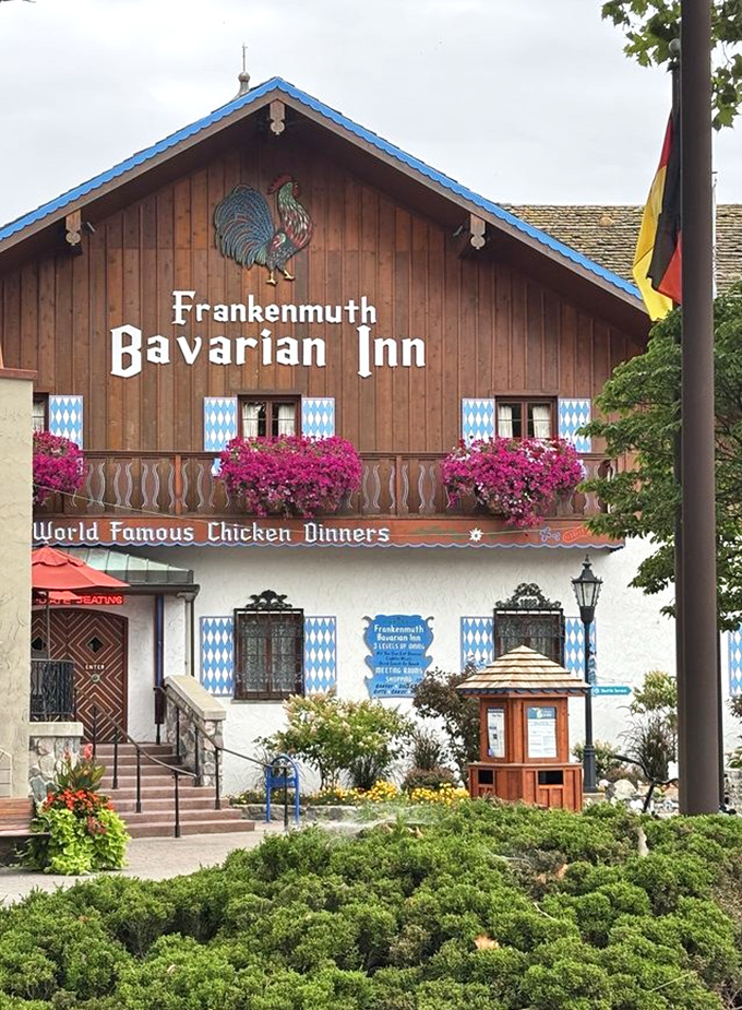 The iconic rooster weathervane and bold "World Famous Chicken Dinners" sign announce to all visitors: you've arrived at a Michigan institution.