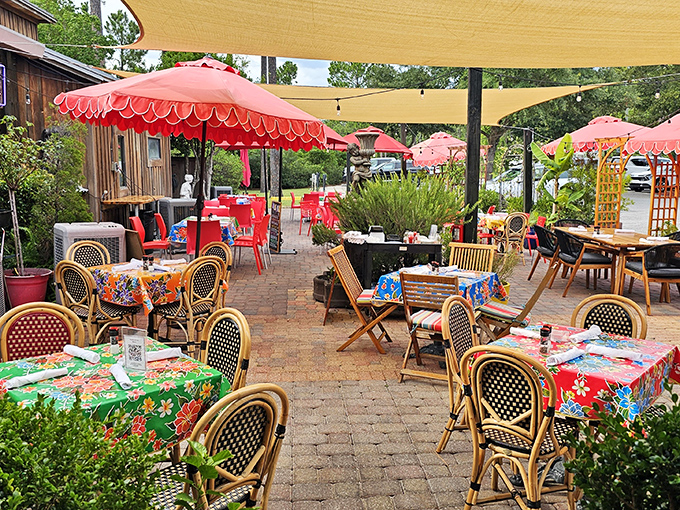 The patio at dusk transforms into a magical space where string lights twinkle and dinner conversations flow as easily as the wine.