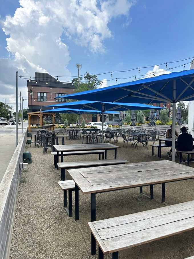 Summer or winter, the patio remains the heart of Donkey Taqueria &ndash; blue umbrellas provide shade from summer sun or shelter from gentle snowfall.