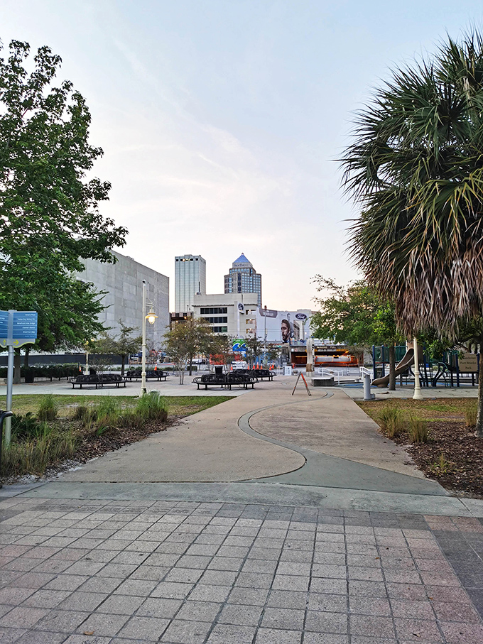 Winding paths through Curtis Hixon Park invite exploration with Tampa's skyline playing peekaboo through the trees. Urban hiking at its most civilized.
