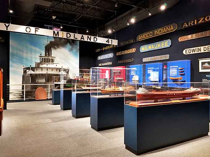 The museum's ship name displays honor the many vessels that sailed these waters, each name representing countless stories of commerce, adventure, and hard work.