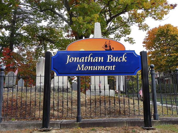 The official signage welcomes visitors to the Jonathan Buck Monument, now embraced by Bucksport as its most famous – and mysterious – attraction.
