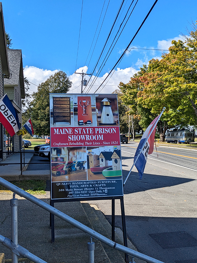The roadside sign announces an unexpected shopping experience &ndash; "Craftsmen Rebuilding Their Lives Since 1824" tells the essential story.
