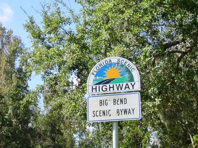 The official Big Bend Scenic Byway sign welcomes travelers to one of Florida's most beautiful and diverse driving routes.