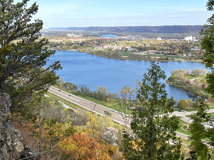 Sugar Loaf Bluff stands as Winona's natural landmark, a limestone remnant that survived the quarrying that shaped much of the region.
