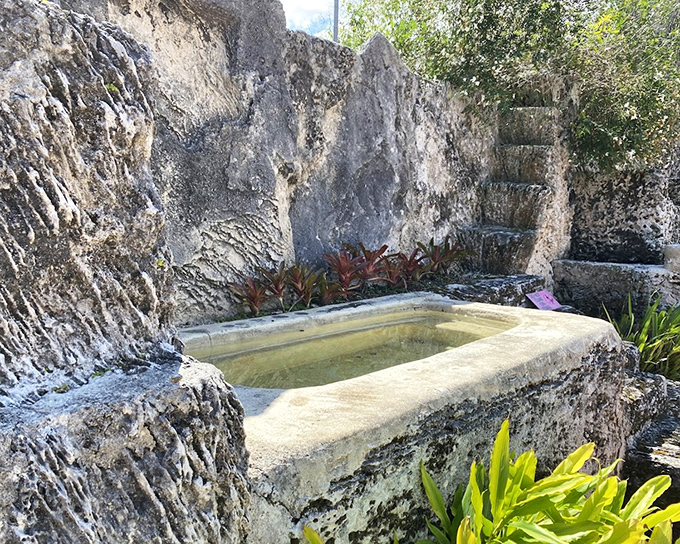 This ancient-looking stone basin once served as Ed's bathtub &ndash; luxury accommodations in a coral kingdom.