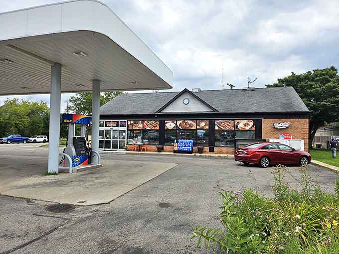 The full view shows the gas station setup, but don't let that fool you into driving past this culinary treasure.
