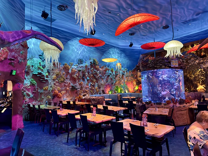 Underwater wonders await in this ocean-themed section where colorful jellyfish lamps and aquatic decor create an immersive dining adventure.