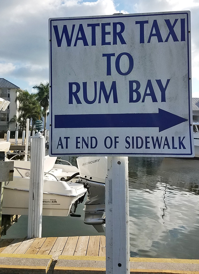 Water taxi signage: The most exciting directional sign in Florida&mdash;pointing the way to an adventure that begins before the first appetizer arrives.