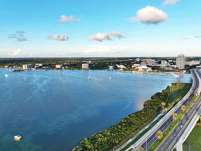 From above, Clearwater reveals its perfect geography – a delicate balance of blue waters, green spaces, and human ingenuity.