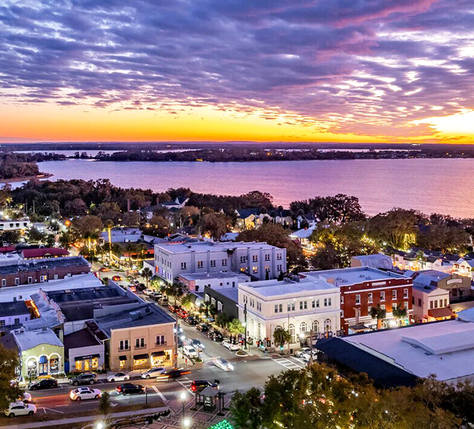 This aerial view captures Mount Dora's perfect balance of nature and nurture &ndash; a lakeside town that understood the assignment of being utterly charming.