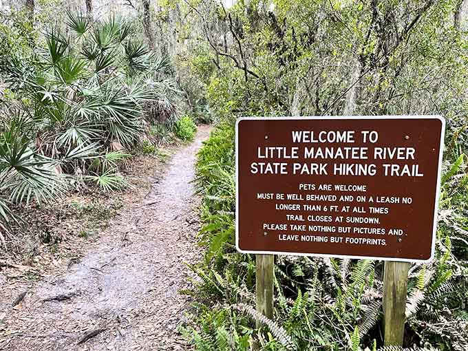Trail markers welcome hikers and their leashed pets to explore miles of paths winding through diverse Florida habitats.