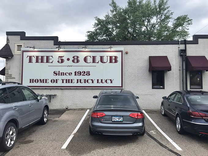The iconic 5-8 Club sign proudly proclaims "Home of the Juicy Lucy" &ndash; a battle cry in the friendly war for stuffed burger supremacy.