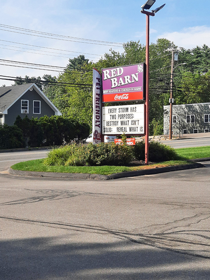More than just a restaurant marker, the Red Barn sign often serves up wisdom alongside its seafood advertisements.