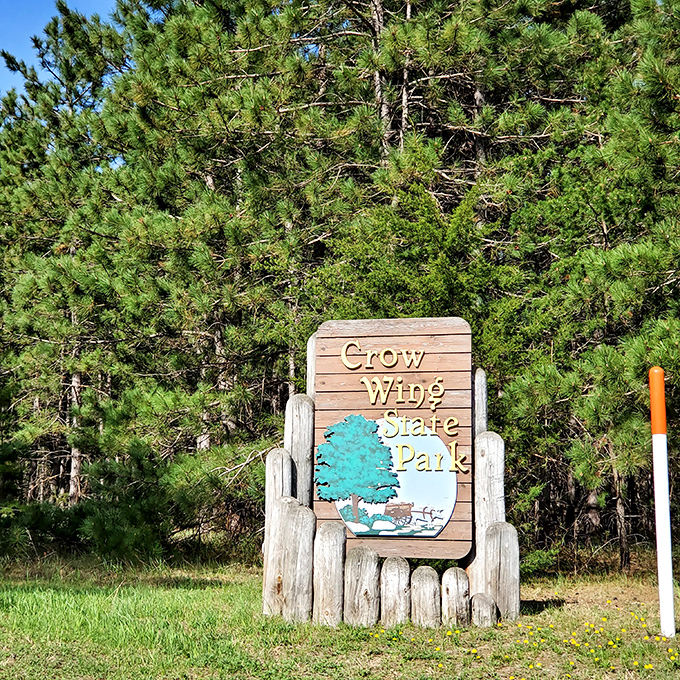 The park's entrance sign stands framed by pines, a wooden gateway to adventures both natural and historical.