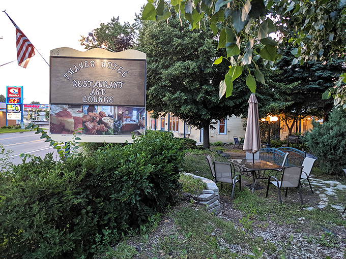 The Thayer's welcoming sign promises restaurant, bar, and lodging, though the ghosts apparently come as a complimentary bonus feature.