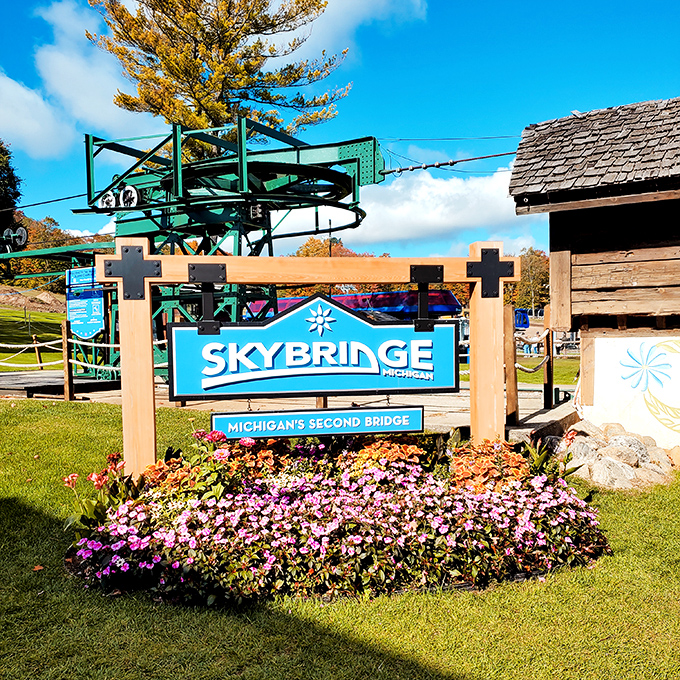 The distinctive blue signage marks your arrival at Michigan's second bridge&mdash;though unlike Mackinac, this one's strictly for foot traffic.
