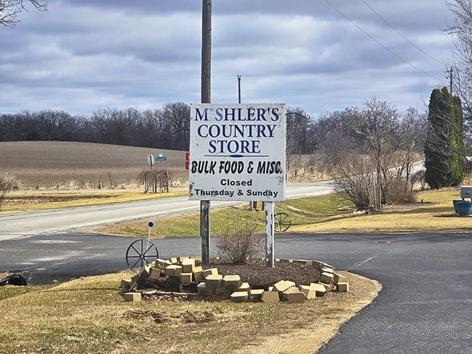 The sign says it all &ndash; "Mishler's Country Store" with the humble addition of "Bulk Food & Misc." and a reminder of their Thursday and Sunday closures.