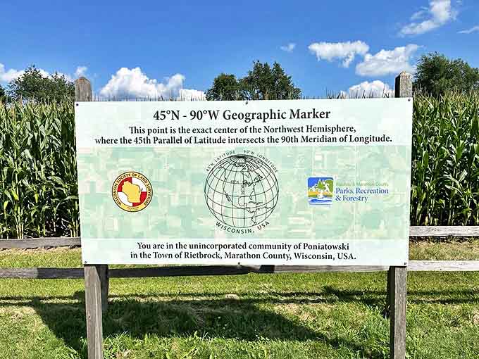 The rustic wooden sign points the way to mathematical precision, a humble gateway to geographical significance.