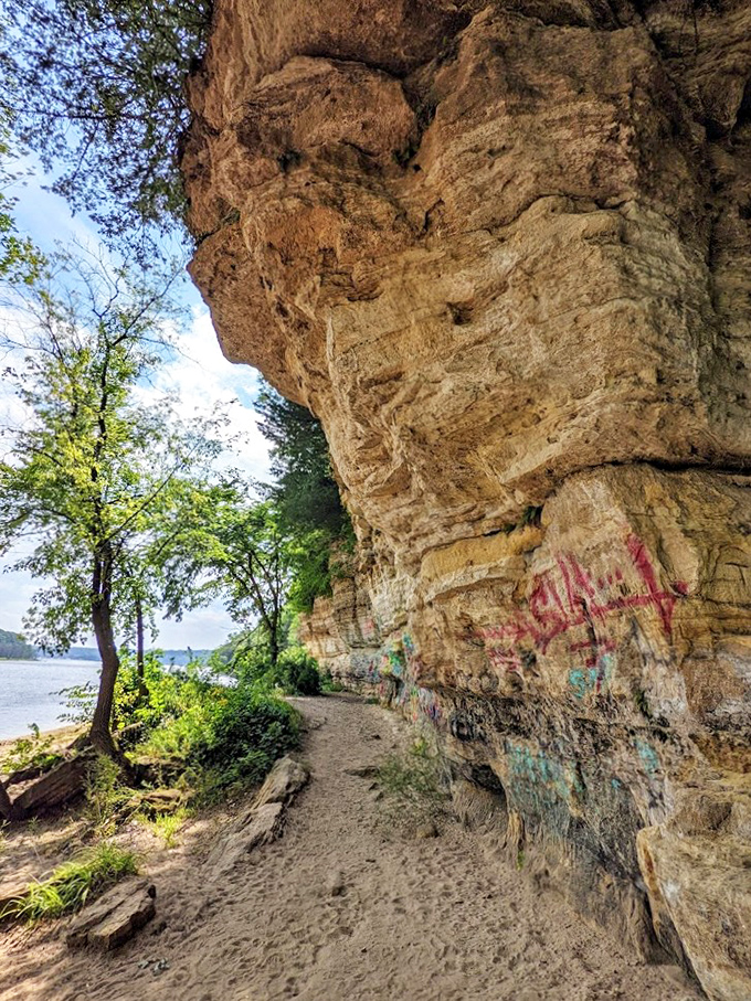 The trail hugs the riverbank like an old friend, leading explorers through a corridor of trees to hidden sandy shores.