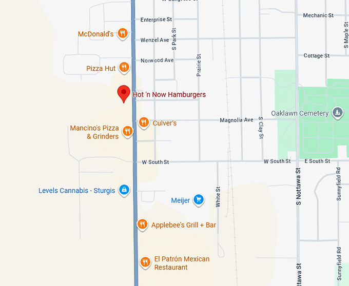 16. hot 'n now hamburgers map