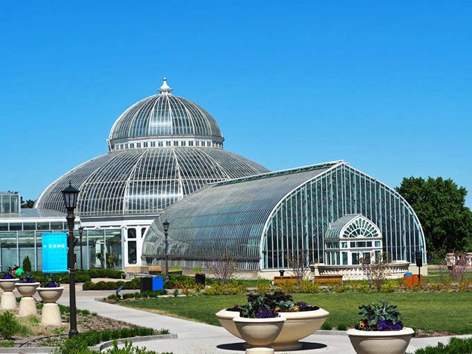 The iconic glass dome of Como Park Conservatory gleams in the sunlight, a Victorian crystal palace housing botanical wonders from around the globe.