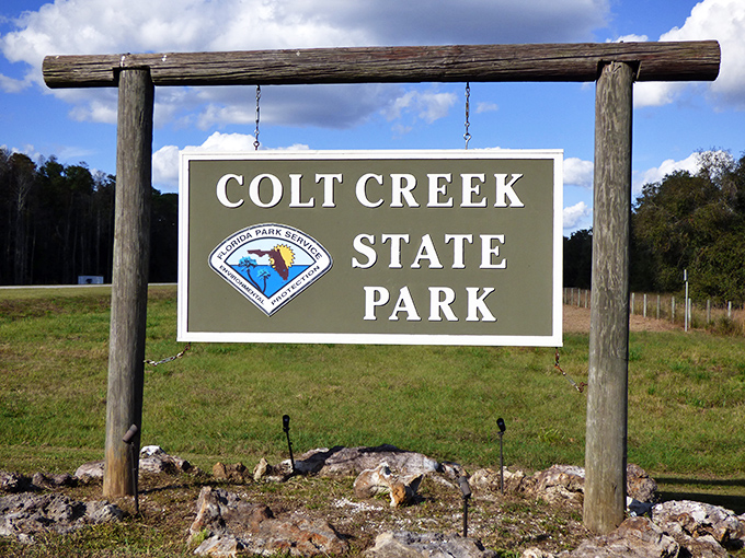 The welcoming entrance to Colt Creek State Park promises adventures beyond the wooden sign. Florida's hidden treasures often have the most unassuming gateways.