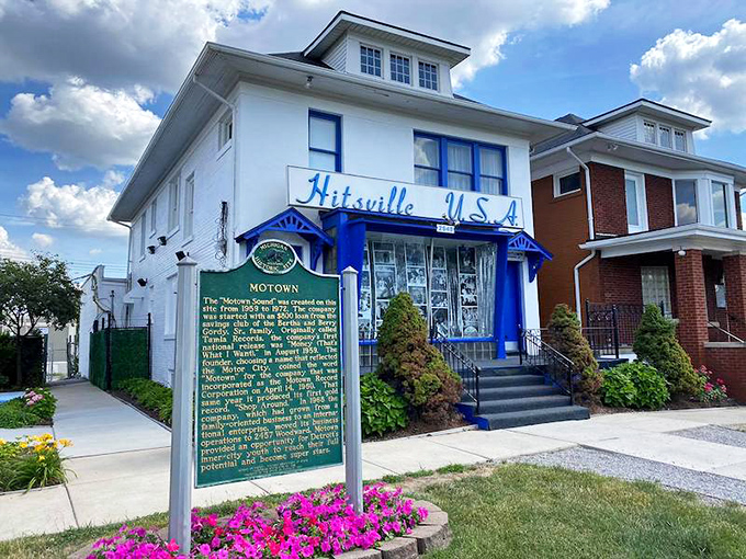 The iconic blue and white facade of Hitsville U.S.A. stands as a monument to musical revolution, where ordinary walls witnessed extraordinary talent.