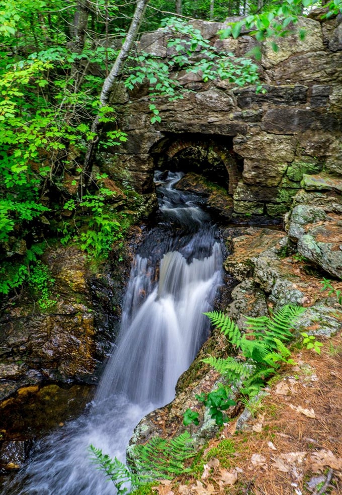 Snow Falls emerges from its natural stone archway like a secret being revealed, the water dancing through its rocky window.