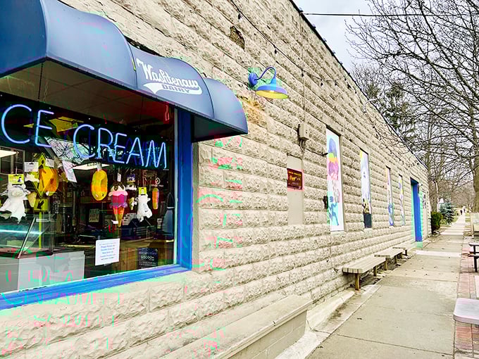Washtenaw Dairy's iconic stone building with bright blue awnings stands ready to serve up scoops of happiness to Ann Arbor locals and visitors alike.