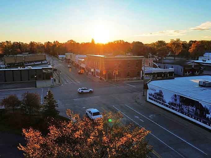 Sunset bathes downtown Standish in golden light, transforming the quiet streets into a postcard-perfect scene of small-town America.