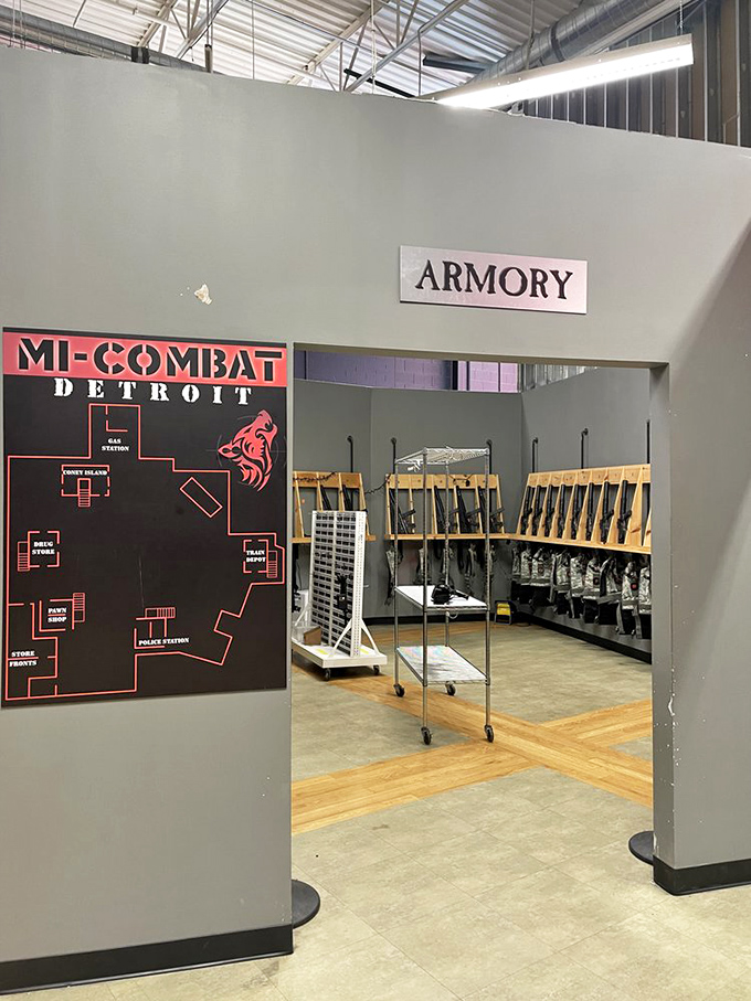 Welcome to the Armory, where fantasy meets reality. These aren't your childhood laser tag blasters, folks, these are sophisticated combat simulators with realistic weight and feedback.