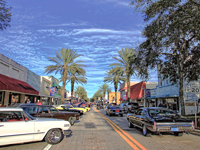 Classic cars line Beachside Street during weekend gatherings, turning the avenue into a rolling museum of automotive history.