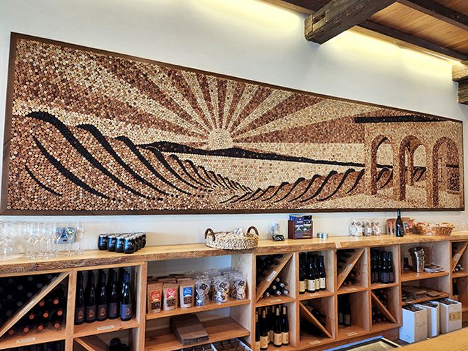 A stunning cork mosaic mural captures the essence of vineyard landscapes, cleverly repurposing thousands of corks into an artistic masterpiece that celebrates winemaking heritage.
