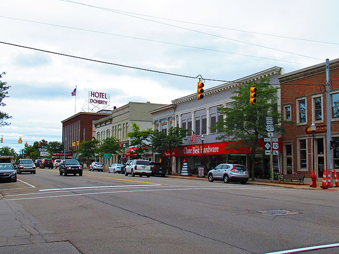Downtown Clare's historic buildings and Hotel Doherty sign create a timeless Main Street scene that feels like stepping into a simpler era.