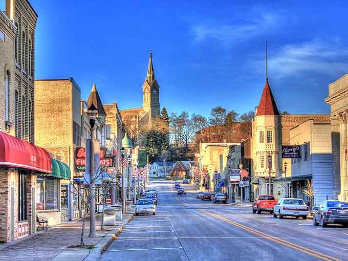 Downtown charm meets riverside serenity in this picturesque Wisconsin main street, where time seems to slow delightfully.