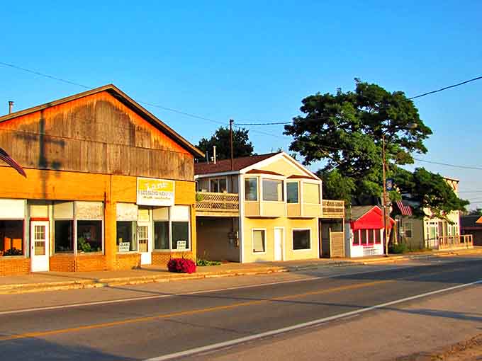 Downtown Elberta whispers stories of simpler times, its weathered buildings standing proudly against the backdrop of Michigan's changing seasons.
