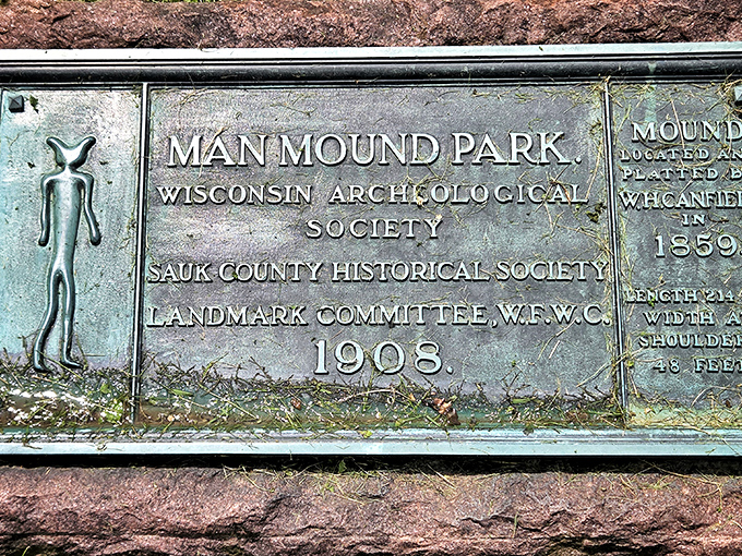 This weathered 1908 plaque tells of early preservation efforts, when forward-thinking Wisconsinites saved what others might have simply plowed under.