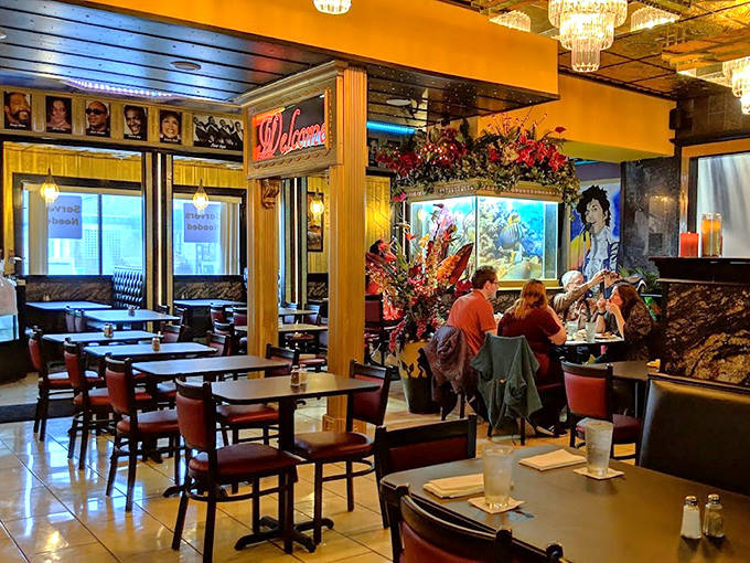 Crystal chandeliers meet comfort food in this unexpected oasis of elegance, where every table promises a journey through soul food heaven.