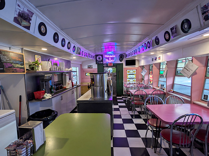 Step back in time with the classic diner interior &ndash; vinyl records line the walls while the checkered floor sets the perfect nostalgic stage for comfort food magic.
