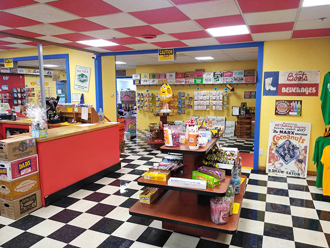 Step into a wonderland where the checkerboard floor leads to sweet discoveries and the yellow walls practically vibrate with sugar-fueled excitement.
