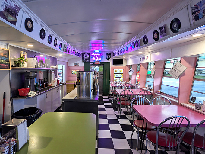 Step inside and time travel to the 1950s&mdash;pink tables, vinyl records, and a checkerboard floor that would make Bobby Fischer feel right at home.