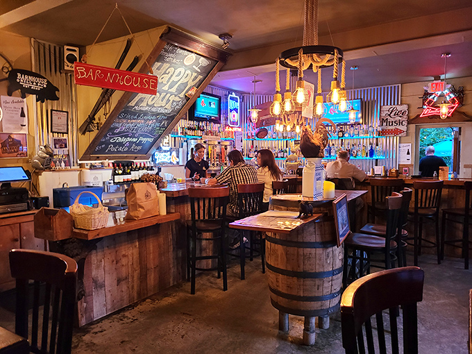 Barrel tables and Edison bulbs create that perfect "farmhouse chic" atmosphere where conversations flow as freely as the local craft beers.